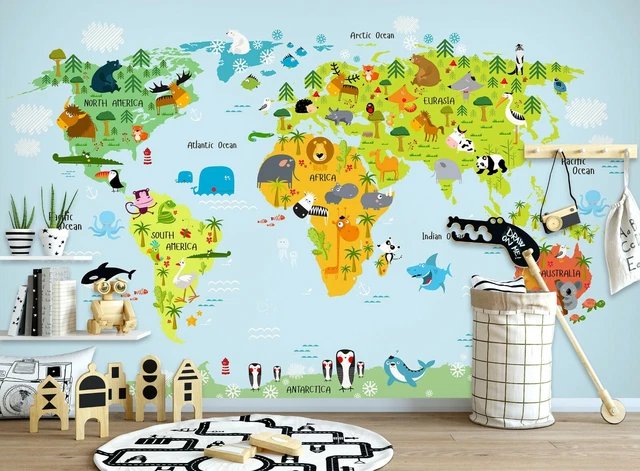 3D CARTOON ANIMALS A25 World Map Wallpaper Wall Mural Removable Self ...
