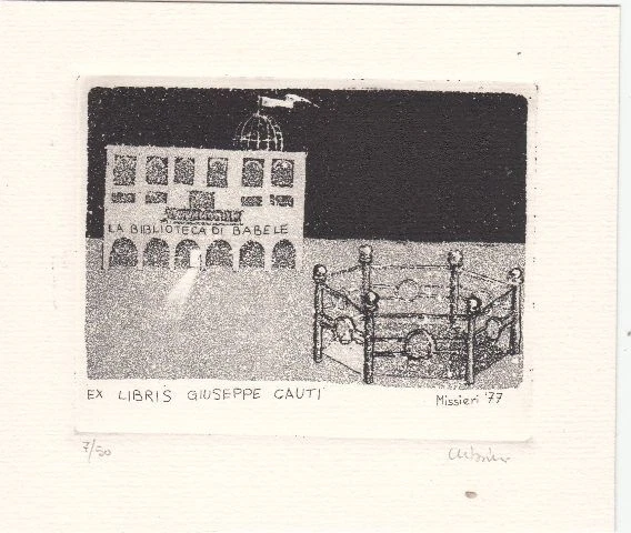 EXLIBRIS BOOKPLATE RADIERUNG Bruno Missieri 1942 Bibliothek Babel EUR ...