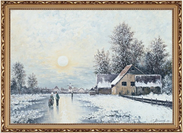 WINTER LANDSCAPE ON the ice rink, oil on canvas painting, signed E ...