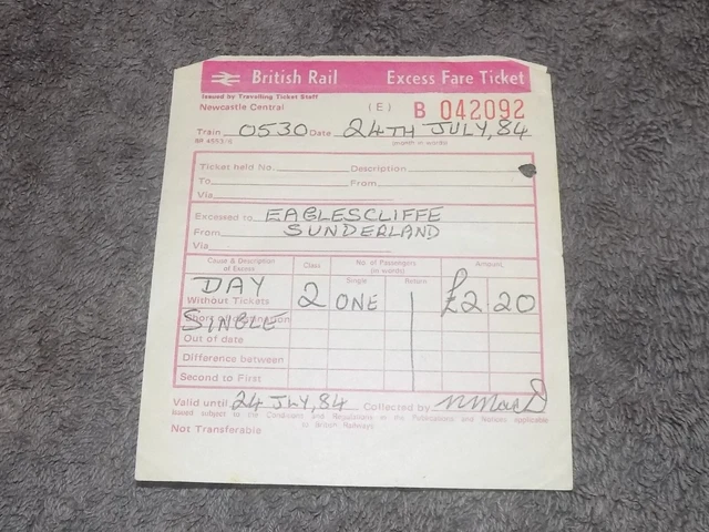 BRITISH RAIL EXCESS Fare Eaglesciffe Sunderland 1984 Railway Ticket ...