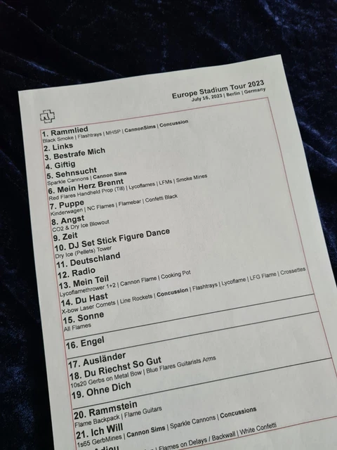 RAMMSTEIN ORIGINAL SETLIST Berlin Europe Stadium Tour 2023 no crew ...