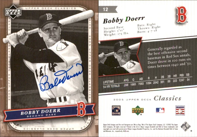 CARTE BOBBY DOERR signée 2005 Upper Deck Classics #12 Boston Red Sox ...