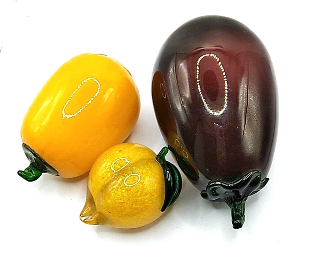 ART GLASS FRUITS Vegetables Lot Hand Blown Eggplant Squash Peach 3 Pcs ...