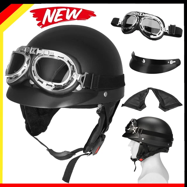 OLDTIMER HELM HALBSCHALE Motorradhelm Eierschale mit Brille Mopedhelm ...