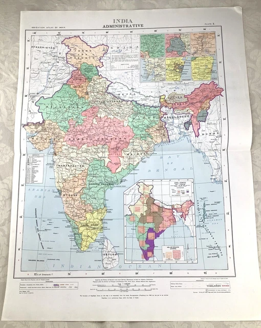 1972 LARGE VINTAGE Map of India Indian Government Administrative ...