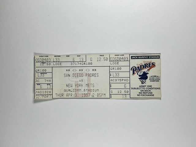 4-3-1997 NEW YORK Mets @ San Diego Padres Ticket - John Franco Save ...