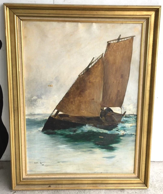 ARVID JOHANSSON TABLEAU HUILE sur TOILE XIXe Signe Scene Marine VOILIER ...