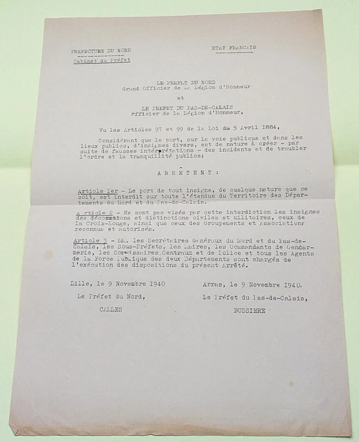 DOCUMENT WW2 1940 Nord Interdiction Du Port D’insignes Décorations ...