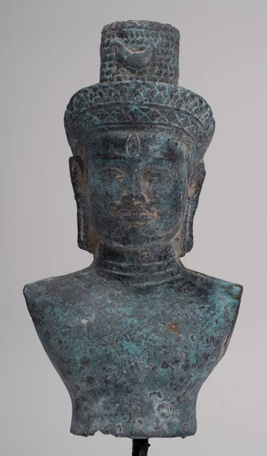 ANTIQUE KHMER STYLE Bronze Mounted Bakheng Shiva Head Statue - 24cm/10 ...