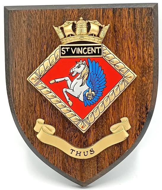 VINTAGE ROYAL NAVAL Ship HMS St Vincent Wooden Shield Plaque Crest £29. ...