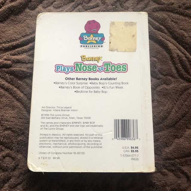 1996 BARNEY PLAYS Nose to Toes Children’s Book By Margie Larsen £5.21 ...