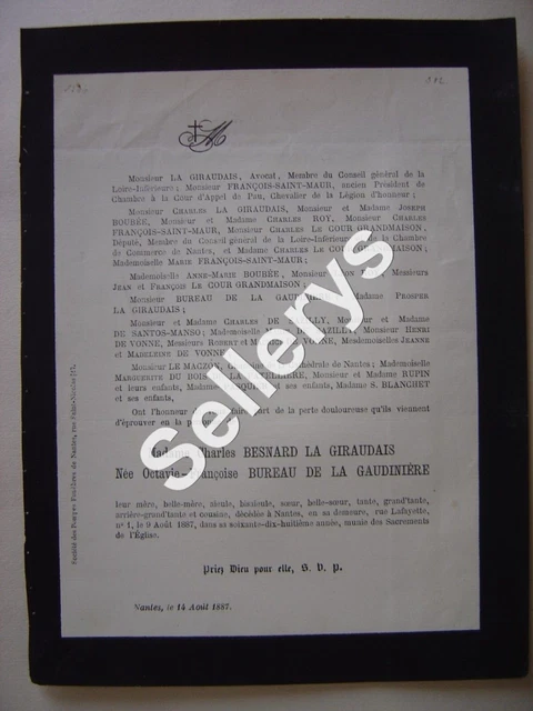 FAIRE-PART DE DÉCÈS Mme Charles Besnard La Giraudais Née BUREAU de la Gaudinière EUR 24,90 ...