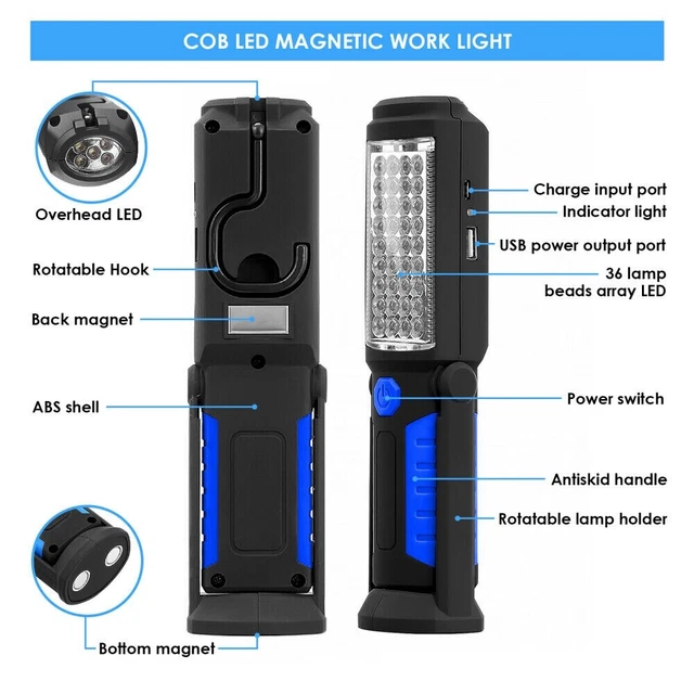 USB RECHARGEABLE HAND Torch 36+5LED Magnetic Work Light Inspection Lamp ...