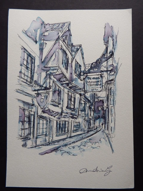 ORIGINAL PEN & ink wash drawing sketch street scene The Shambles, York ...