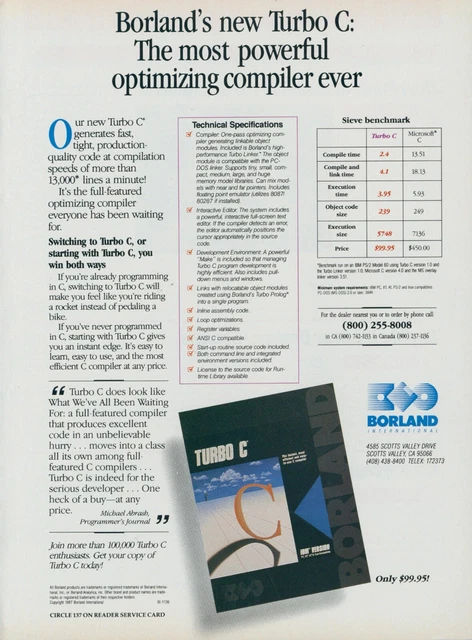 1987 TURBO C Borland Most Powerful Optimizing Compiler Ever Scotts ...