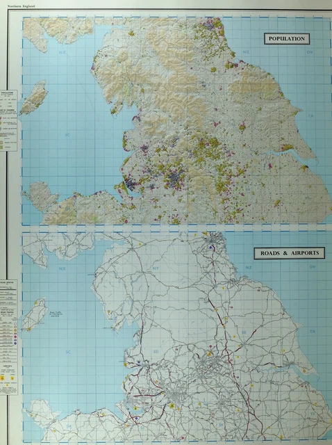 VINTAGE LARGE MAP Northern England Population Roads & Airports Traffic ...