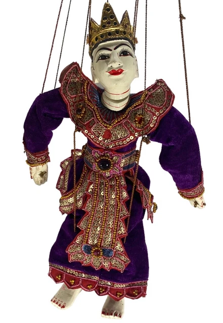 VINTAGE ANTIQUE BURMESE Woman Marionette Hand Made Wooden String Puppet ...