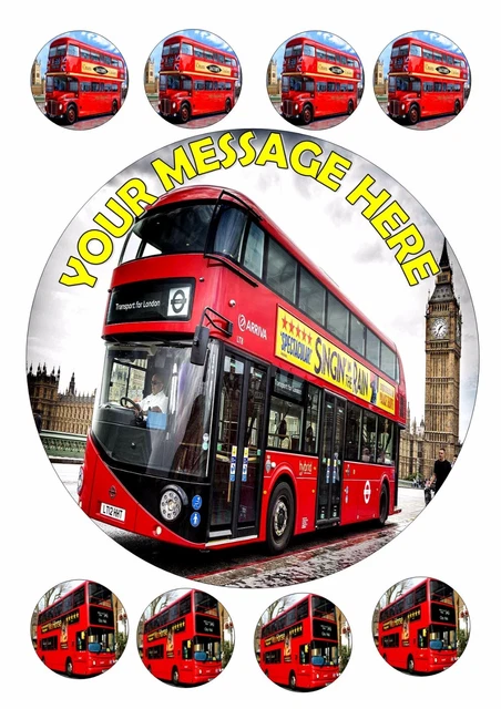 LONDON BUS/BUES BIRTHDAY Cake Round Edible Iced Icing 7.5" + 8 Cupcake ...