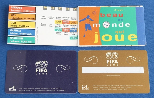 SOCCER: FOOTBALL FIFA Club Member & Guest cards & France 1998 fixtures ...
