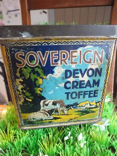 OLD VINTAGE SOVEREIGN Devon Toffee Tin c1930s/40s Cow & Cottage Design ...