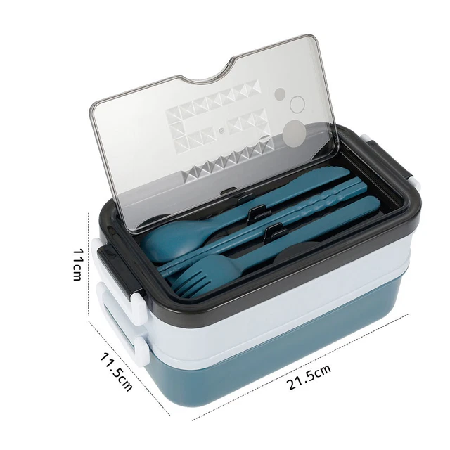 BENTO BOX 2-LAYER 3-Compartment Leak Proof Food Container Set with Fork ...