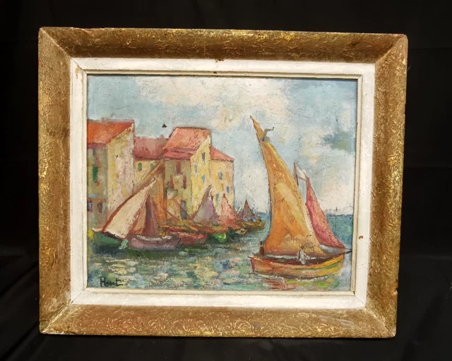 ANCIEN TABLEAU / Huile sur toile signé HASET HARET ? marine , Bateaux ...