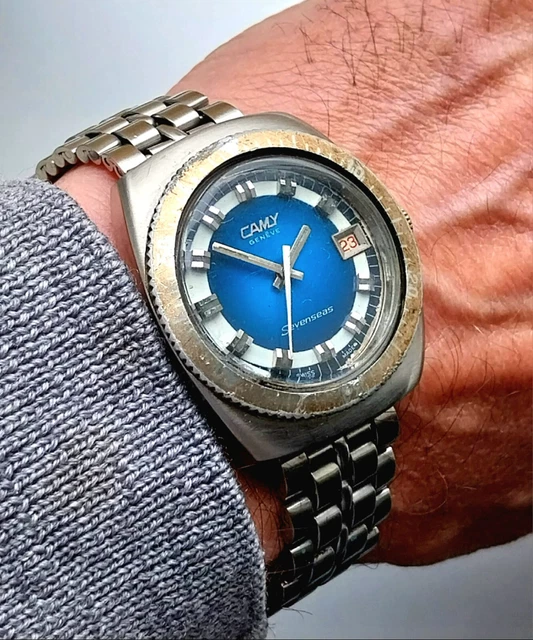 CAMY SEVENSEAS DIVERS Mens 1969 Vintage Blue Dial Swiss Dive Watch £134 ...