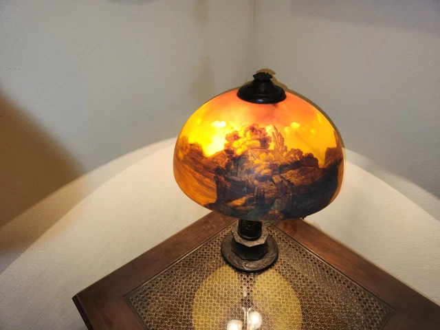 ANTIQUE REVERSE Hand Painted Glass Shade & table Lamp Pairpoint style ...