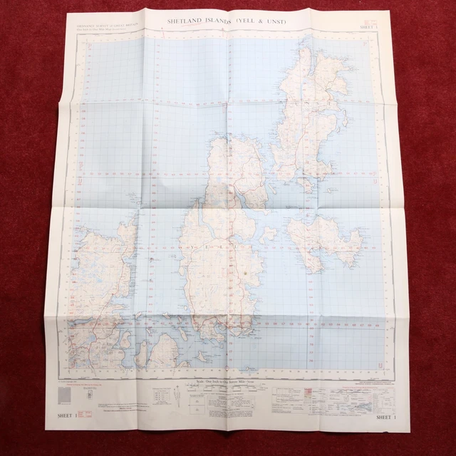 RARE VINTAGE 1963 military issue ordnance map of Shetland Islands Yell ...
