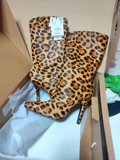 NEW ZARA LEATHER Furskin Animal Print Leopard High Heel Ankle Boots Ref ...