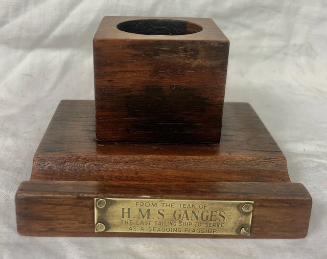 VINTAGE HMS GANGES ll Desk Pen Stand, Inkwell, WW1, Salvaged Teak Wood ...