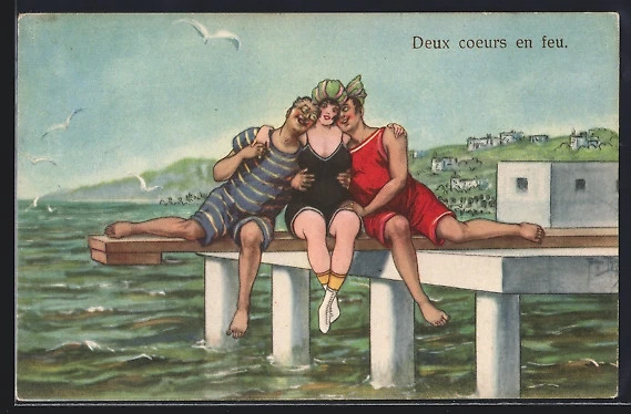 KÜNSTLER-AK ARTHUR THIELE: Zwei Männer schmiegen sich an eine Frau auf einem Ba EUR 10,00 ...