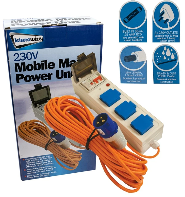 3 WAY MOBILE Mains Unit Caravan Motorhome Campsite Power Hook Up RCD ...