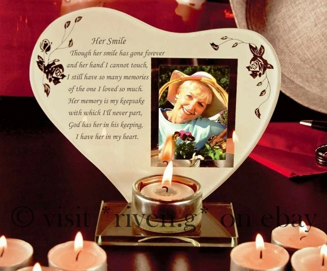 HER SMILE - Inspirational poem, candle and photo holder glass memorial ...