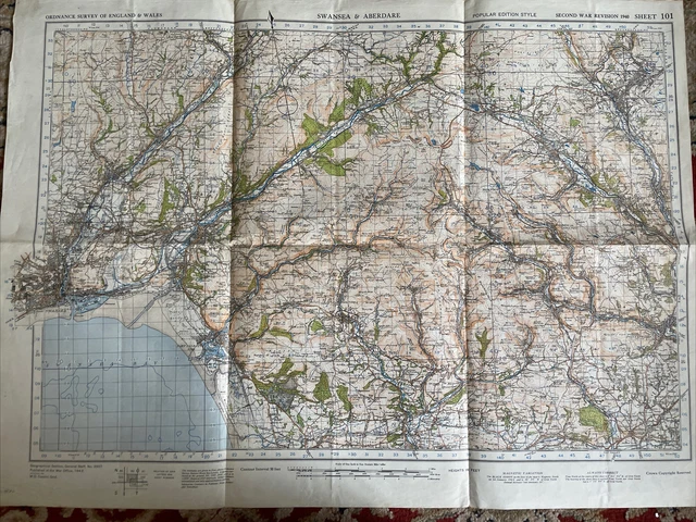 MAP OF SWANSEA & Aberdare WW2 WAR REVISION 1940 Ordnance Survey SHEET ...