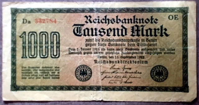 REICHSBANKNOTE 1000 TAUSEND Mark Banknote Berlin September 1922 £7.99 ...