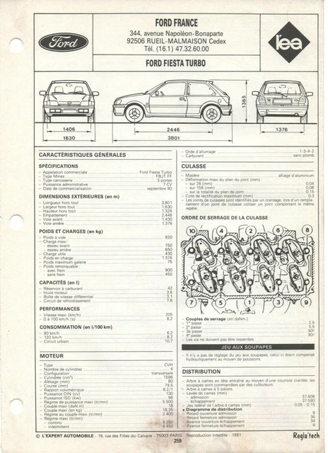 FICHE TECHNIQUE AUTOMOBILE pour FORD Fiesta Turbo - LEA - Année 1991 ...