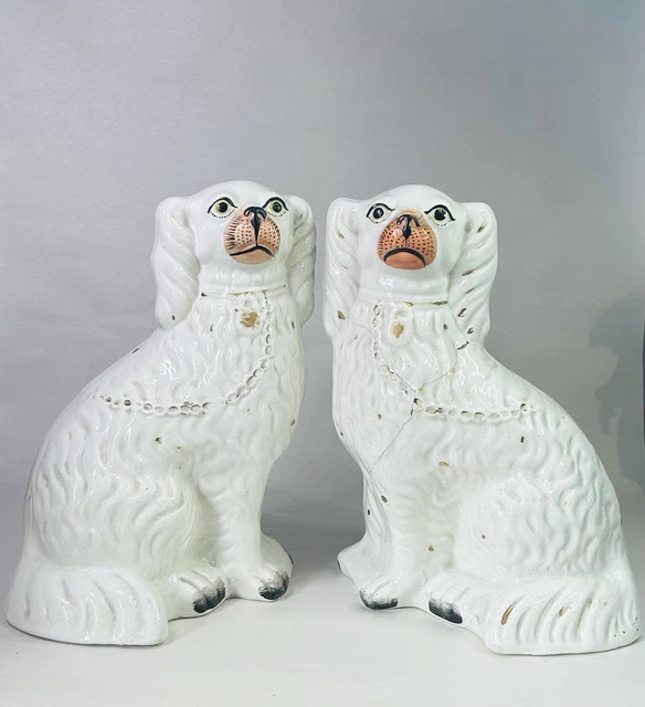 LARGE ANTIQUE VICTORIAN Pair Of Staffordshire White Fireside Spaniel ...
