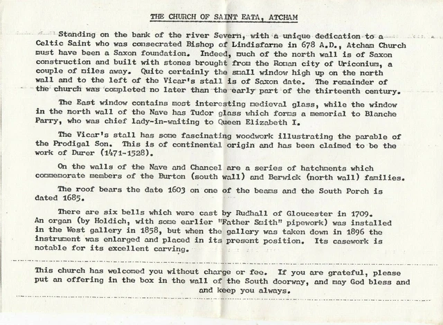 LEAFLET THE HISTORY Of Saint Eata Church Atcham Shrewsbury Shropshire £ ...