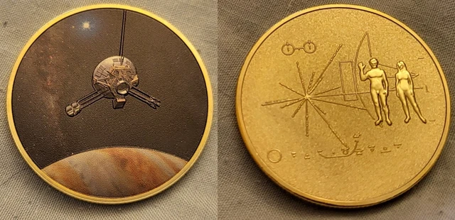 PIONEER SPACE PROBE Gold Coin Plaque ET Jupiter Stars Naked Male Female ...