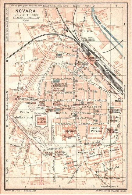 CARTA GEOGRAFICA ANTICA NOVARA pianta della città TCI 1923 Antique map ...