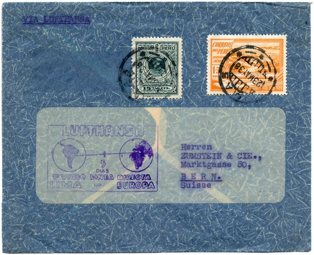KATAPULT 1938 PERU Erstflug aus Lima Bern Schweiz Brief H 648 f ...