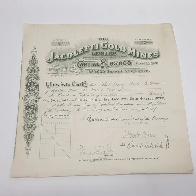 ANTIQUE JACOLETTI GOLD Mines Limited 32 Shares Certificate Number 871 £ ...