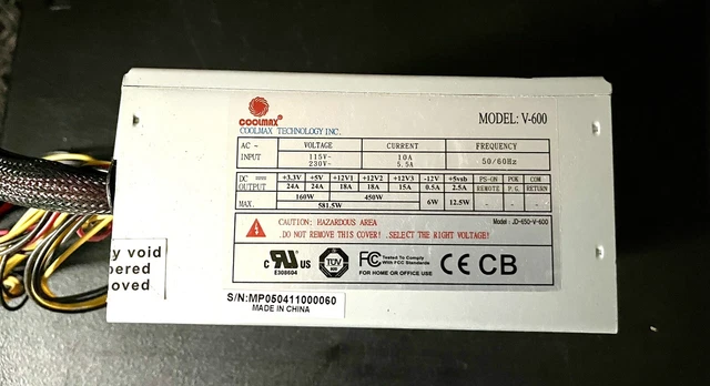 COOLMAX V-600 TC-HKC-V600 581.5W ATX Non-Modular Power Supply ATX PSU ...
