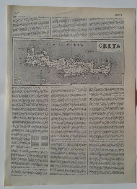 1913 ΚΡΉΤΗ CRETE Antique Map Cretan State Flag French Article £57.88 ...