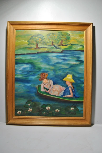 TABLEAU PEINTURE NAIVE paysage naif personnage barque bord lac nenuphar ...