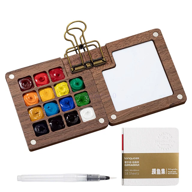 MINI WATERCOLOR PALETTE Set Wooden Grid Paint Box Portable Sketchbook ...