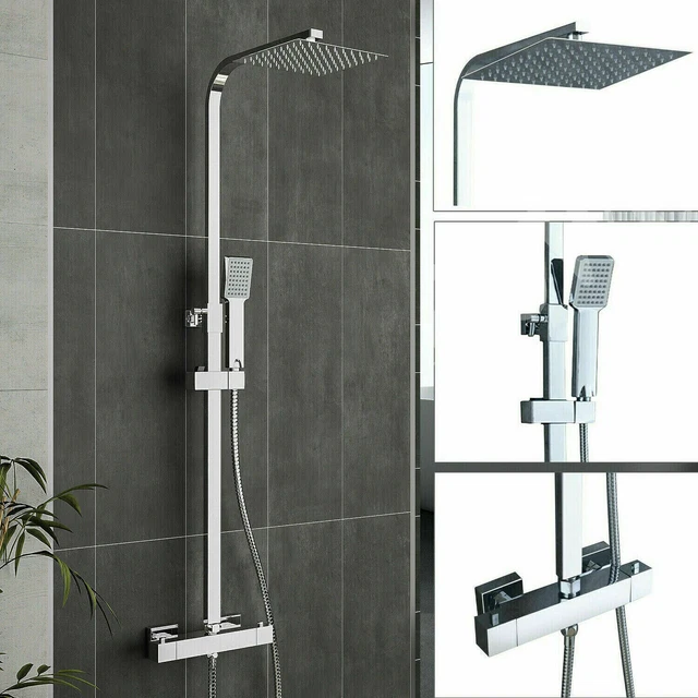 Thermostatic Shower Mixer Square Chrome Bathroom Exposed Twin Head