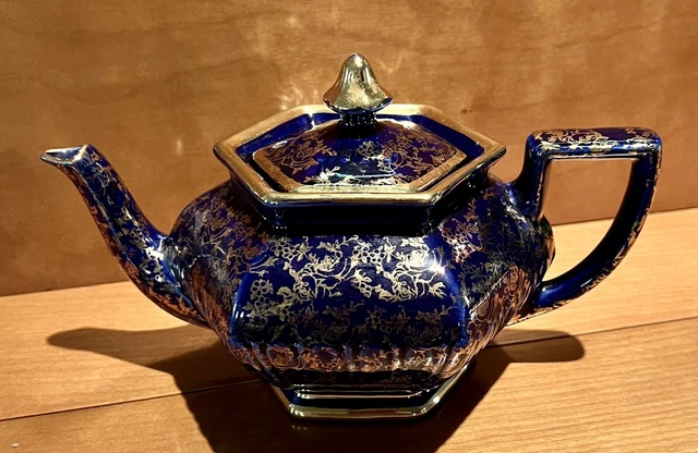 RARE ARTHUR WOOD England Hexagonal Teapot Gold Gilt Over Cobalt Blue ...