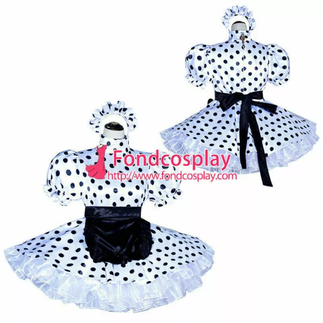 French Sissy Maid Lockable Black Satin Dress Uniform Cosplay Costume